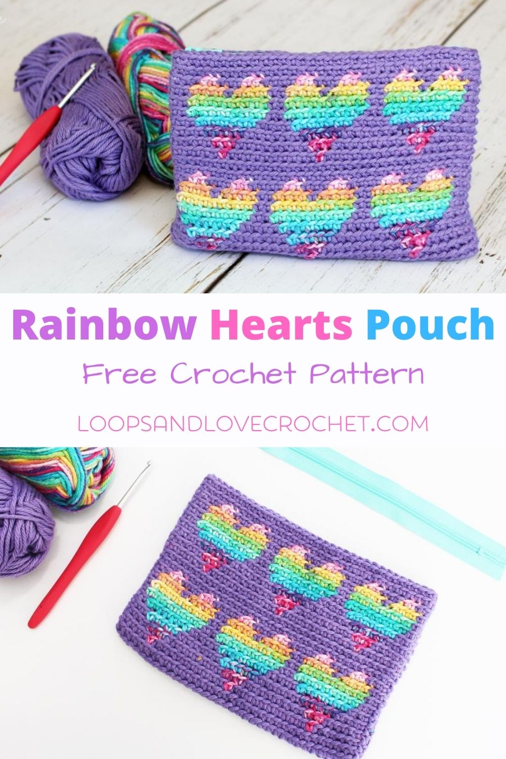 Rainbow Hearts Pouch - Free Crochet Pattern Loops & Love Crochet